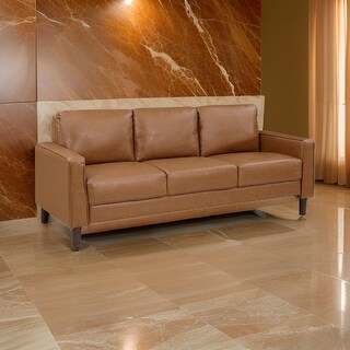 Stark 77 Inch Sofa, Brown Faux Leather, Track Style Arms, Solid Wood ...