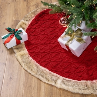 Cable Knit Christmas Tree Skirt with Faux Fur Trim- 48" - Red - Bed ...