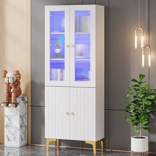 Bookcase with LED Light, White Bookshelf Storage Cabinet with Acrylic ...