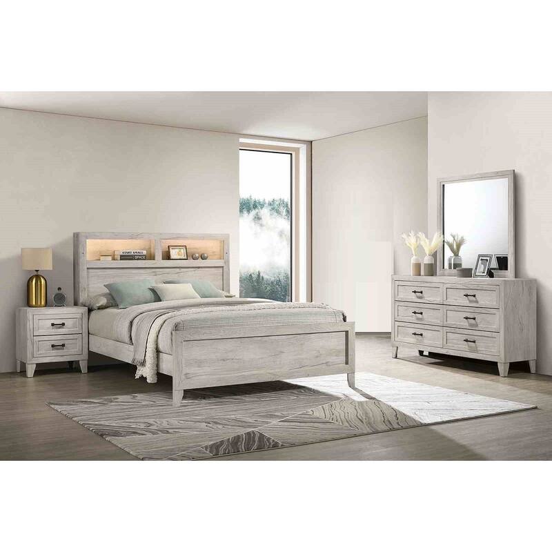 Modern Off White Finish LED Bedroom Furniture Set w Bookcase Headboard ...