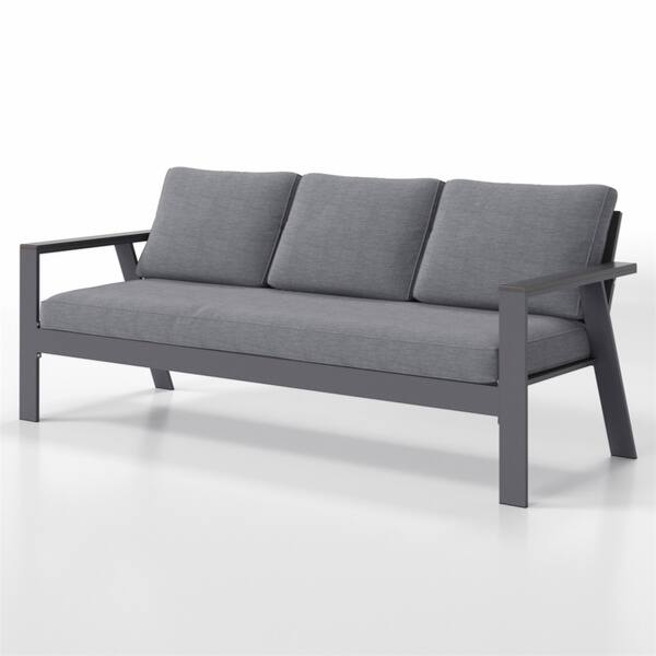 Comfy Wood Grain Arm Modern Aluminum Patio Outdoor Couch Sofa 3 Seater ...