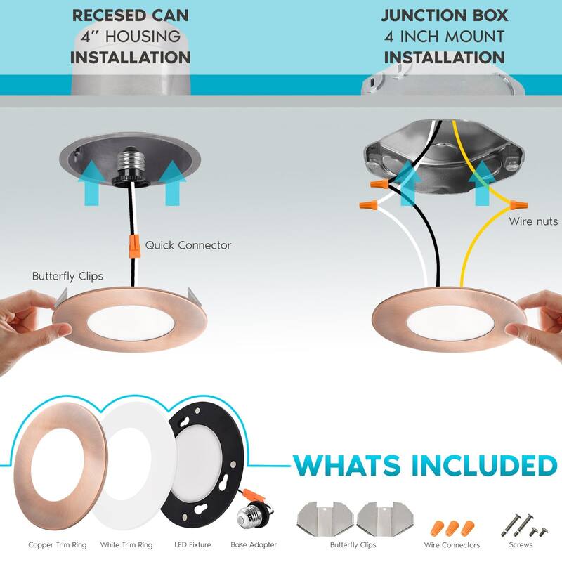 Luxrite 4" LED Recessed Light, 5 Color Selectable, Magnetic Trim ...