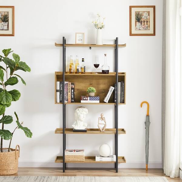 5-Tier Oak Floor-Standing Open Practical Bookshelf with Storage Cabinet ...