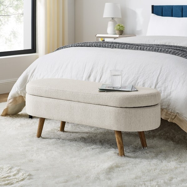 GDFStudio Emma Linen Pleated Storage Ottoman Bench with Durable Rubberwood Legs