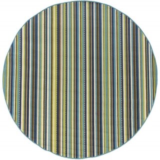 8' Round Blue Round Striped Stain Resistant Indoor Outdoor Area Rug - 6 ...