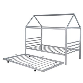 Twin Size Openwork Tubular Metal House Platform Bed Frame with Trundle ...