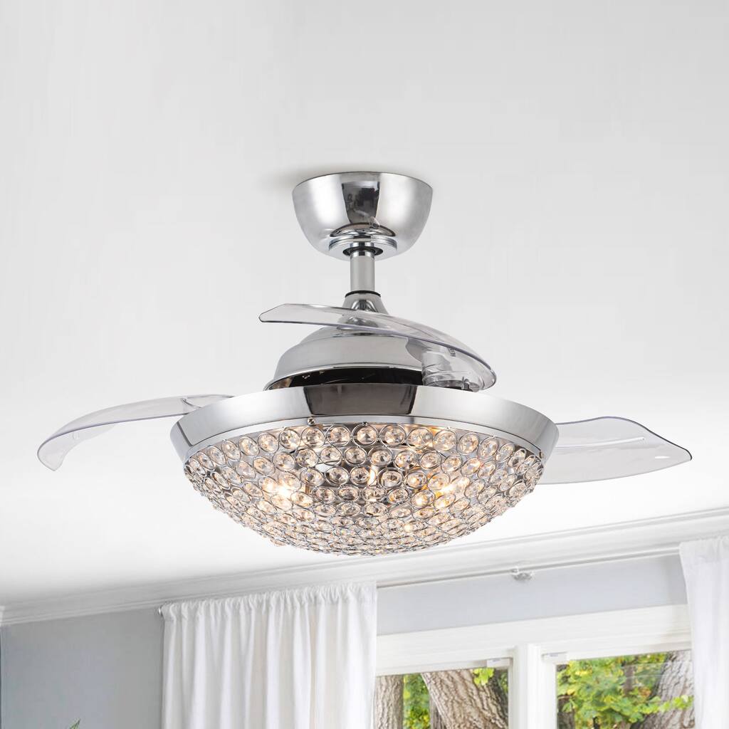 36" Modern Chrome Crystal Retractable Ceiling Fan with Light Kit and ...