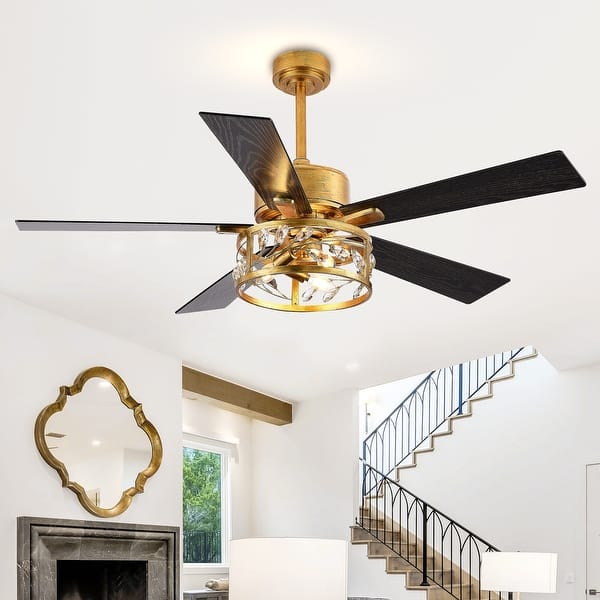 52" 5 Blade Vintage Gold Ceiling Fans with Crystal Lights Remote ...