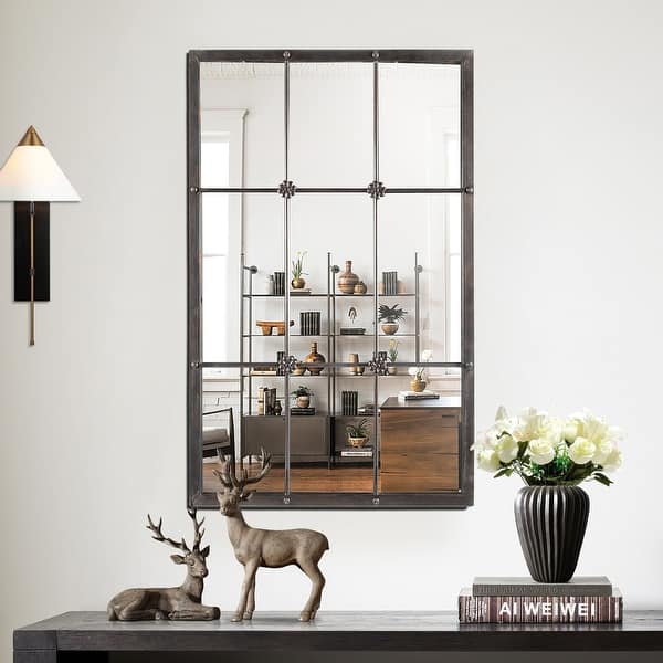 Rustic Brown Metal Frame Windowpane Accent Wall Mirror - 37.75" H x 23. ...