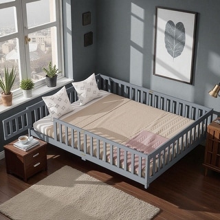 Queen Size Floor Bed with Safety Fence and Door, Wood Platform Bed with ...