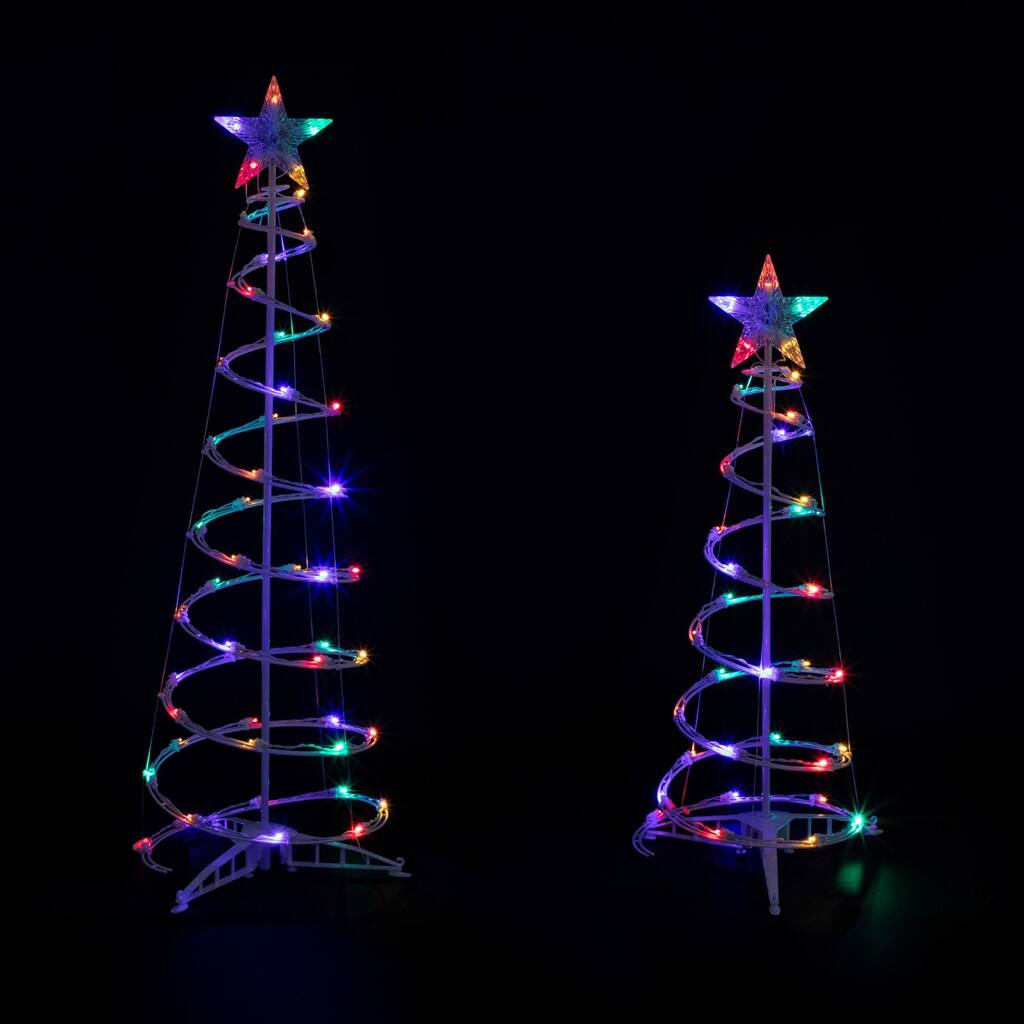 Set of 2 LED Lighted Multi-Color Outdoor Spiral Christmas Cone Trees 3 ...