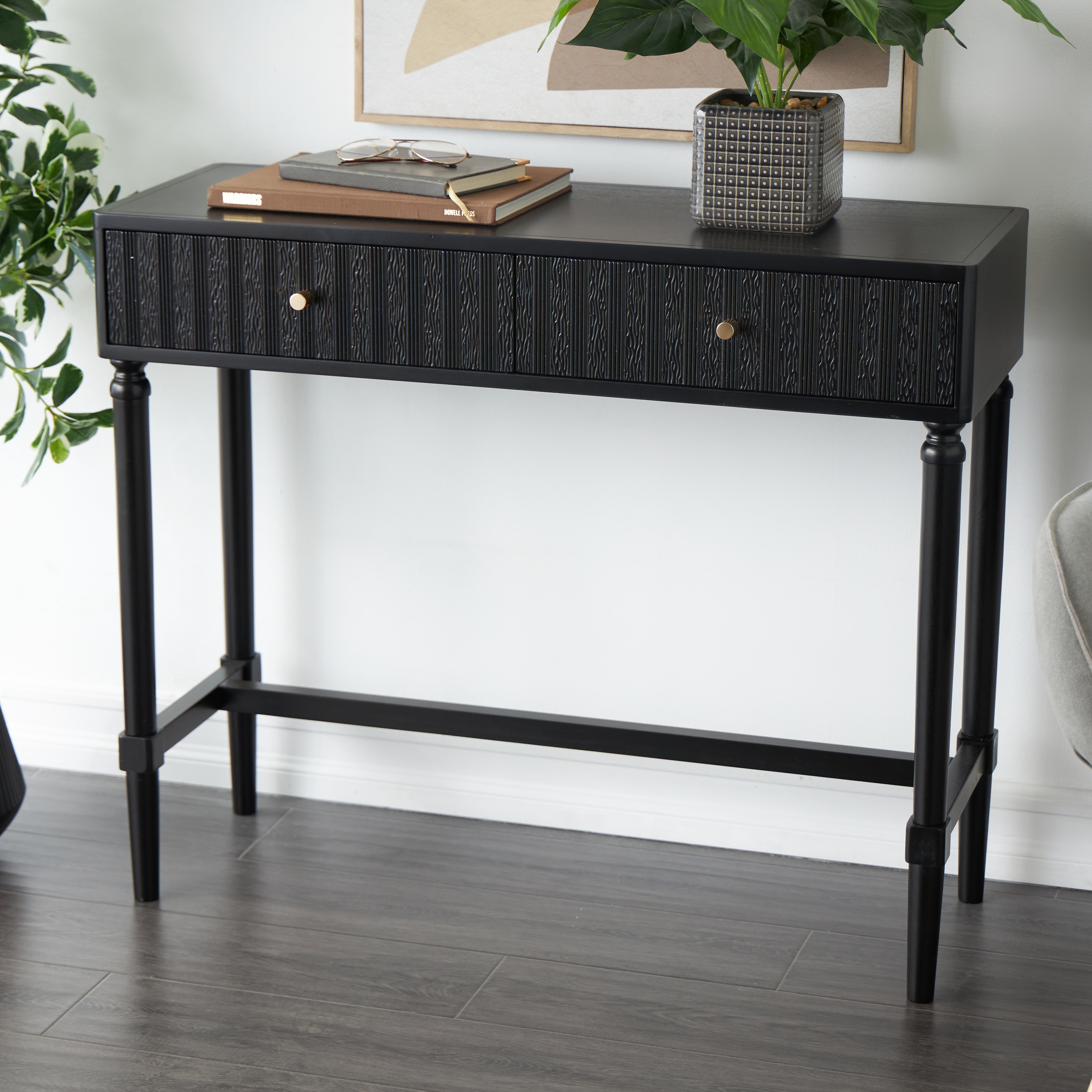 Black Wood Handmade 2 Drawer Living Room Console Table with Gold Handles Bed Bath Beyond 42557990