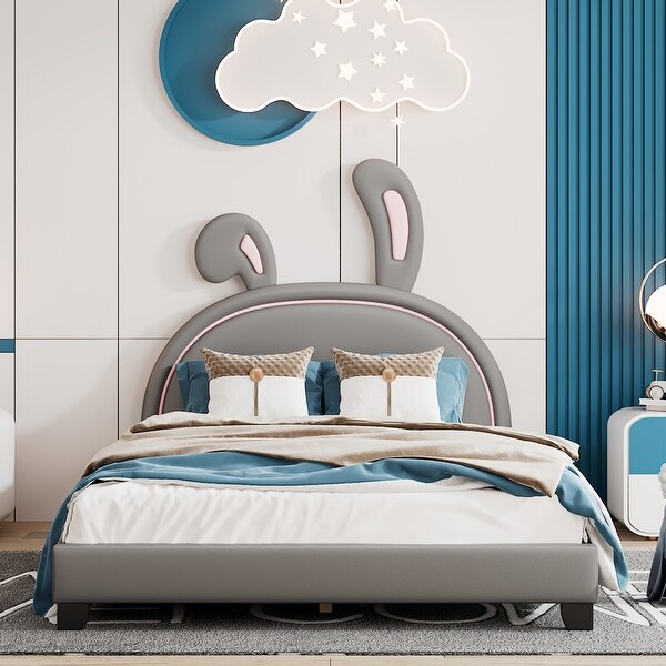 Full Size Platform Bed Cute Leather Platform Bed with Rabbit Ornament Upholstered Day Bed Frame Low Profile Single Bed Bed Bath Beyond 40702417