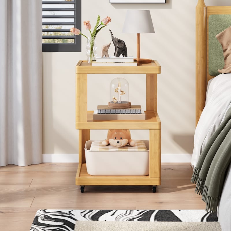 3-Tier Wooden Side Table with Casters, Mobile End Table, Storage ...