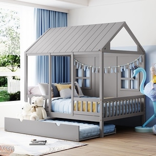 Children Full Size Wood House Bed With Full Size Trundle, Wooden Daybed ...