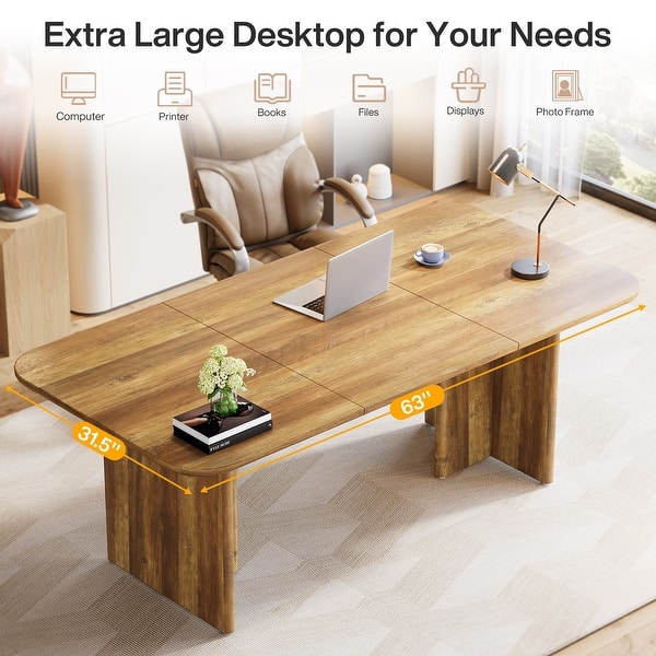 63-Inch Large Desk, Modern Executive Desk Home Office White Computer ...