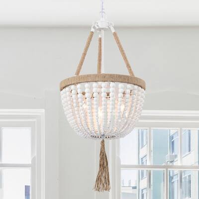 Wood Beaded Chandelier Farmhouse Wooden Bead Pendant Light 3-Light ...