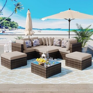 8 Pieces Outdoor Rattan Modular Conversation Set Brown Lounger Sofa ...