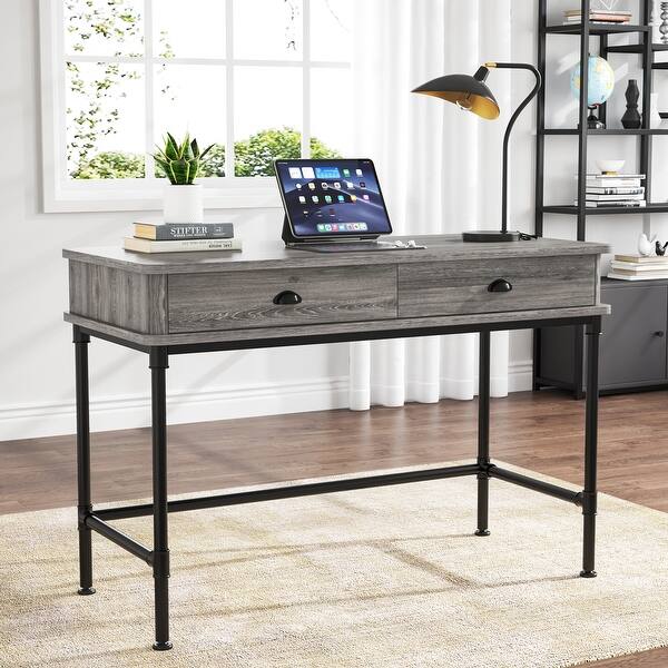 Grey Computer Desk with 2 Storage Drawers 47-Inch Engineered Wood ...