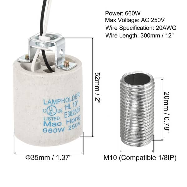 E26/E27 Bulb Socket Ceramic Bulb Lamp Holder with M10 Pipe Nut & Wire ...