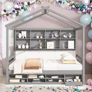 Modern Full Size House Bed with Roof Frame,Bedside-Shelves,Under Bed ...
