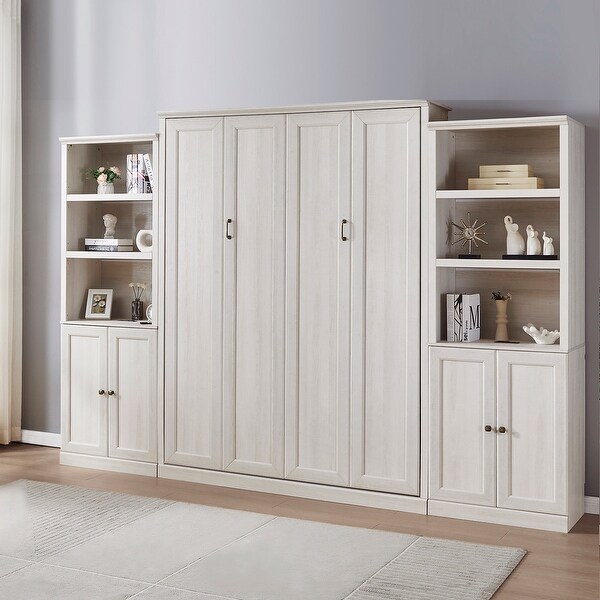 Queen Size Murphy Bed Wood Wall Bed with 2 Side Cabinet Storage Shelf Multi Function Folding Cabinets Rustic White