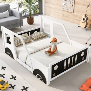 Full Size Car-Shaped Platform Bed w/ Wheels Wood Upholstered Bed Frame ...