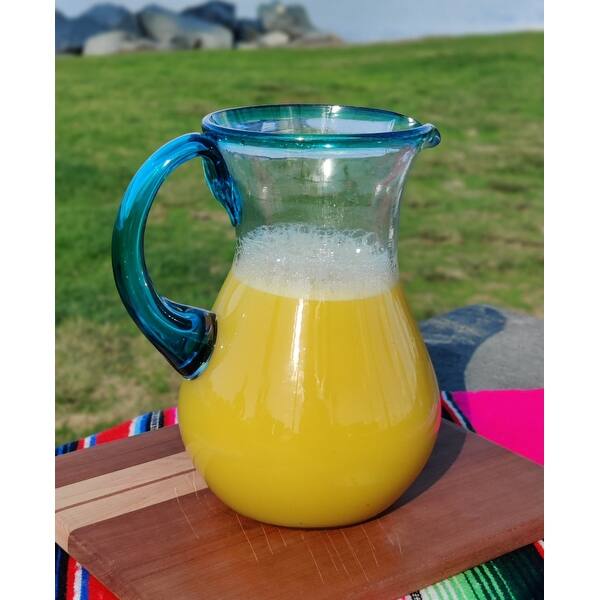 Mexican Hand Blown Glass Pitcher undefined Aqua Rim and Handle (84 oz ...