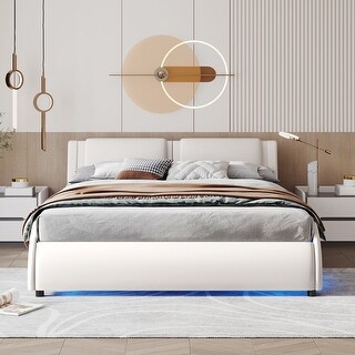 Queen Size Upholstered Faux Leather Platform Bed with LED Light Bed ...