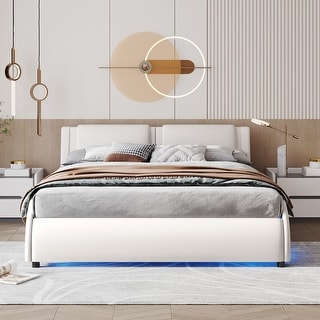 Queen Wave-Like Bedframe w/LED Lights, Faux Leather Platform Bed-White ...