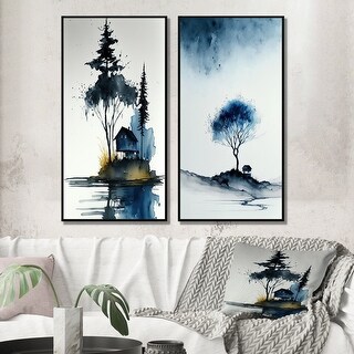 Designart "Blue Watercolor Tree By A Little Countryhouse II" Landscape ...