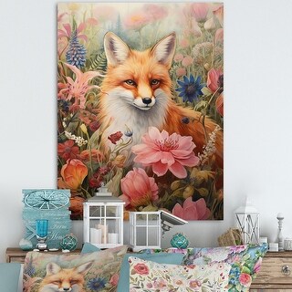 Designart "Cute Orange Fox In Flowerfield" Animals Fox Canvas Art Print ...