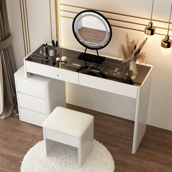Sleek White Makeup Vanity Set with Tri-Color LED Smart Mirror Dresser ...