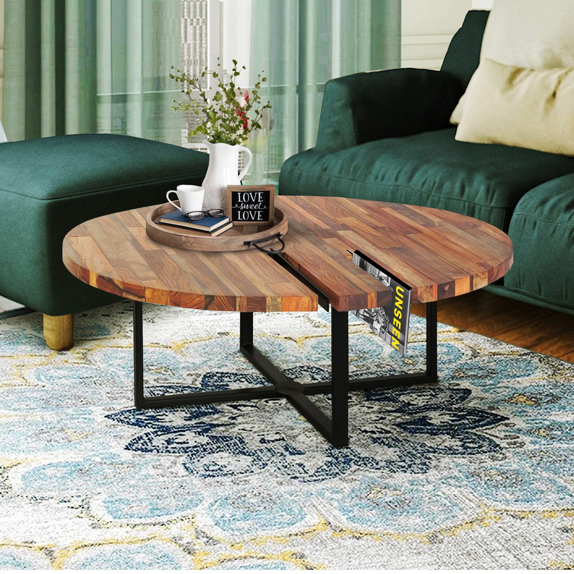 Peter 35 Inch Round Coffee Table Solid Acacia Wood Tabletop Steel Frame Brown Black Bed Bath Beyond 33874369