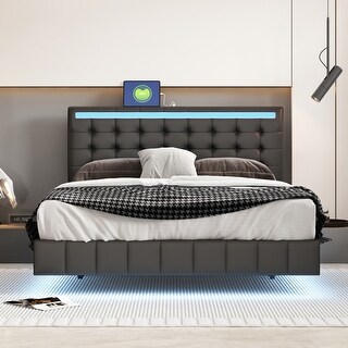 Black Modern Queen Size Platform LED Bed, Comfy Upholstered Bed ...