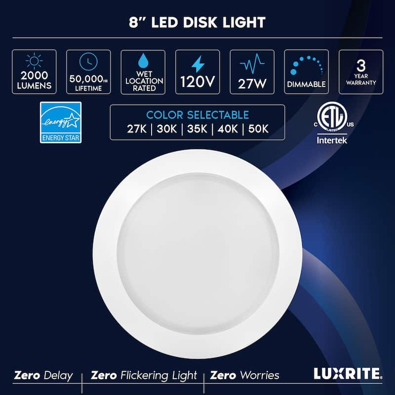 Luxrite 8 Inch LED Disk Light, 27W, 5CCT Selectable 2700K | 3000K ...