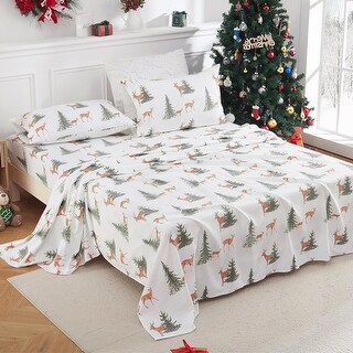 Christmas Flannel Sheets 4 Piece Pine Tree Deer Printed, 16 Inches Deep ...