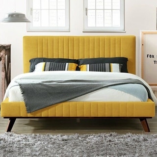 Wood and Fabric Upholstered Queen Platform Bed in Mustard Yellow - Bed ...