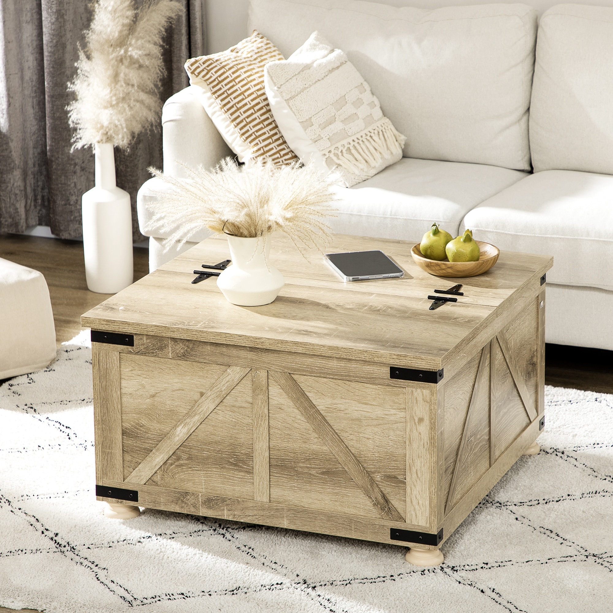 Farmhouse Coffee Table, Square Wood Center Table with Hidden Storage ...