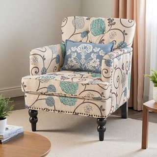 Fabric Floral Upholstery Club Chair with Rolled Arms, Tapered Birch ...