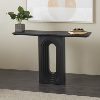 Black Wooden Living Room Console Table with Oval Carved Pedestal Base ...