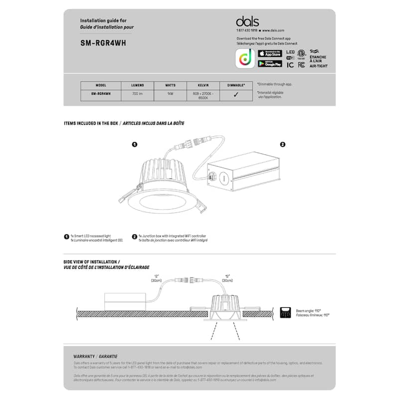 DALS Lighting 4 Inch Smart RGB and CCT Regressed Recessed Light - 4 ...