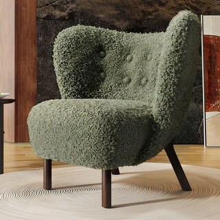 Seaweed Green Modern Accent Chair Lambskin Sherpa Wingback Tufted Side ...