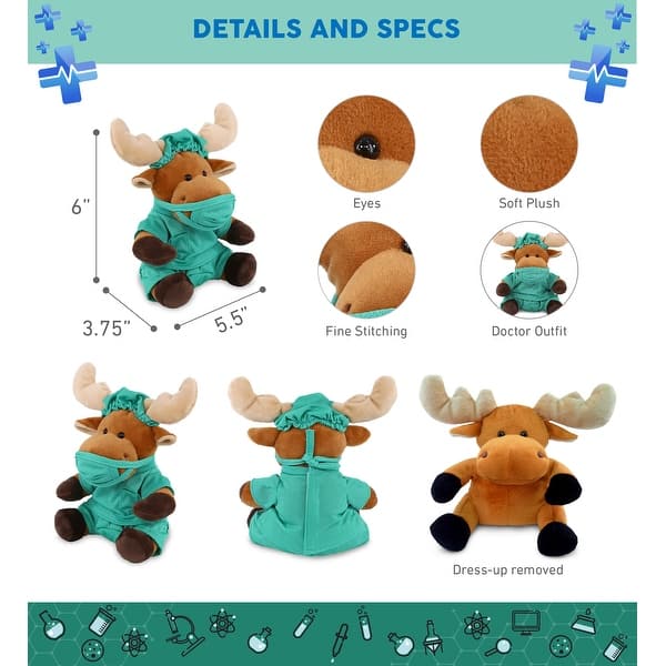 DolliBu Moose Doctor Plush Toy with Cute Scrub Uniform and Cap Outfit ...