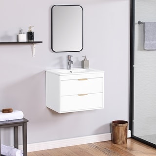 24" Floating Wall Mounted Bathroom Vanity with White Porcelain Sink and ...