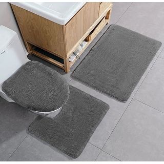 Grey Bath Set 3 Piece Anti-Slip Solid Bathroom Mat, Large Contour Mat ...