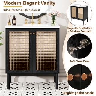Boho Rattan Black Bathroom Vanity, Rectangular Ceramic Sink Bathroom ...