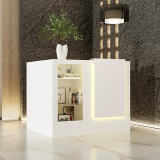 White Corner Reception Desk Display Counter Table with Tempered Glass ...