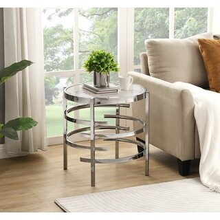 Modern Round End Table with Sintered Stone Top, Chrome/ Silver End ...
