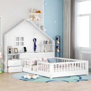 Full Wood House Platform Bed with Windows and Built-In Storage - Bed ...